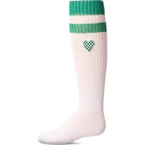 MEMOI Ribbed Varsity Stripe Checkered Heart Knee High Socks - Green