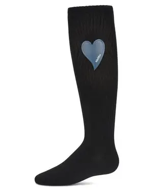 MEMOI Ribbed Heart Patch Knee Socks - Navy