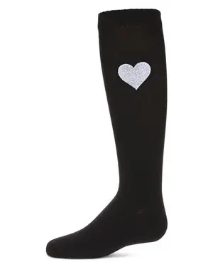 MEMOI Fuzzy Heart Knee-high Socks - Black