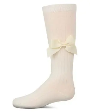 MEMOI Ribbed Knee-high Socks With Bow Detail - Winter White