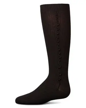 MEMOI Ribbed Knee High Socks With Ruffle - Black