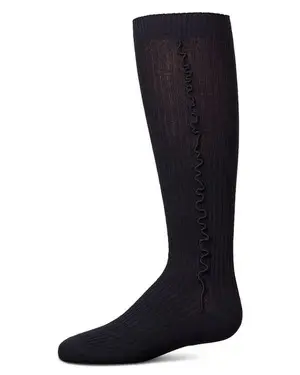 MEMOI Ribbed Knee High Socks With Ruffle - Navy