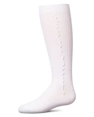 MEMOI Ribbed Knee High Socks With Ruffle - White