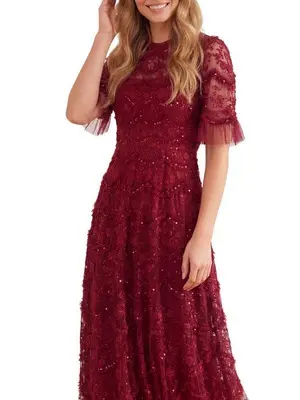 NEEDLE & THREAD Lily Bloom Embroidered Dress - Garnet