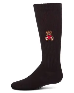 MEMOI Ribbed Knee High Socks With Embroidered Teddy Bear - Black