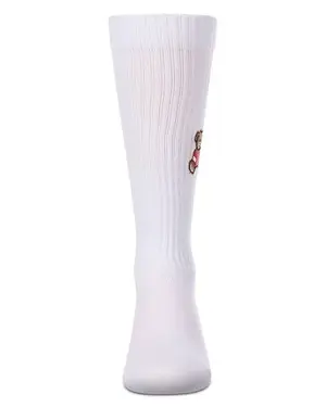 MEMOI Ribbed Knee High Socks With Embroidered Teddy Bear - White