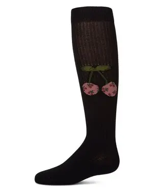 MEMOI Ribbed Knee High Socks With Cherry Embroidery