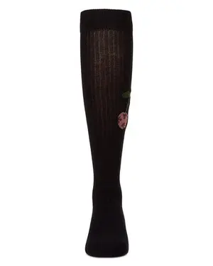 MEMOI Ribbed Knee High Socks With Cherry Embroidery