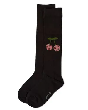 MEMOI Ribbed Knee High Socks With Cherry Embroidery