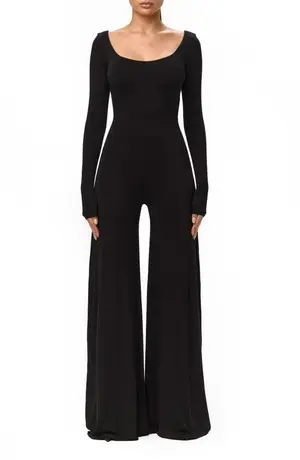 Naked Wardrobe Smooth Scoop Neck Long Sleeve Jumpsuit - Black