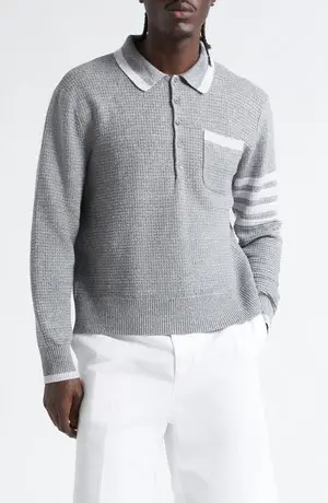 Thom Browne Relaxed 4-bar Textured Stitch Linen & Cotton Polo Sweater - Light Grey