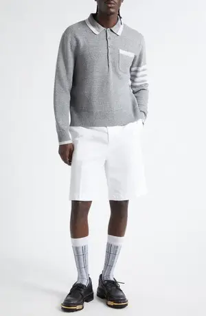 Thom Browne Relaxed 4-bar Textured Stitch Linen & Cotton Polo Sweater - Light Grey