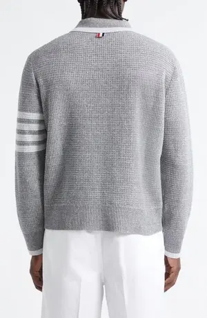 Thom Browne Relaxed 4-bar Textured Stitch Linen & Cotton Polo Sweater - Light Grey