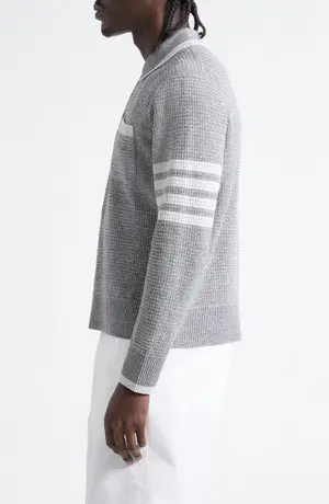 Thom Browne Relaxed 4-bar Textured Stitch Linen & Cotton Polo Sweater - Light Grey