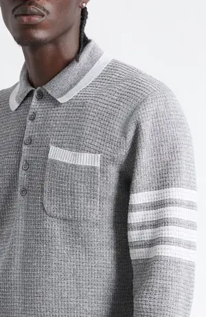 Thom Browne Relaxed 4-bar Textured Stitch Linen & Cotton Polo Sweater - Light Grey