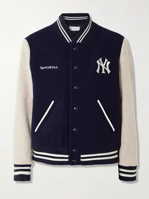 SPORTY & RICH 47 And New York Yankees Leather-trimmed Wool-felt Bomber Jacket - Navy