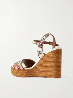 Dolce & Gabbana Leather-trimmed Embroidered Canvas Platform Wedge Sandals - Neutrals