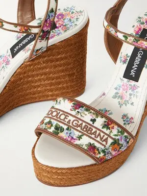 Dolce & Gabbana Leather-trimmed Embroidered Canvas Platform Wedge Sandals - Neutrals