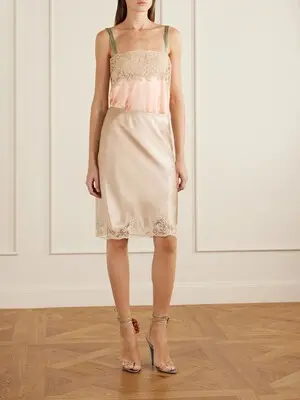 Saint Laurent Lace-trimmed Silk-satin Knee-length Skirt - Neutrals