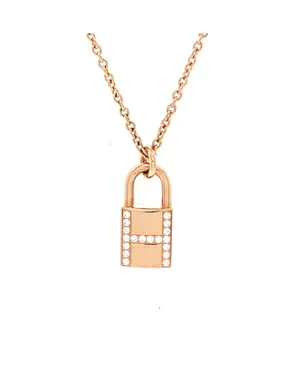 HERMES Amulettes Cadenas Pendant Necklace 18k Rose Gold With Diamonds, 15.75 - Pink