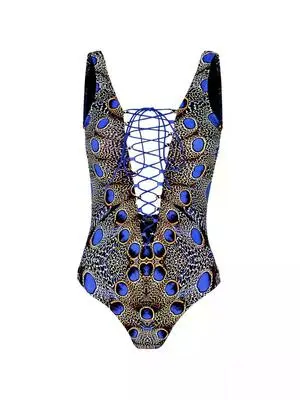 NOIRE SWIMWEAR Feathers Lace-up One-piece - Blue