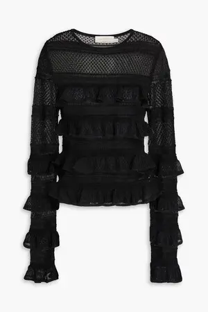 Zimmermann Ruffled Pointelle-knit Top - Black