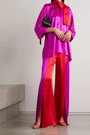 Halpern Two-tone Silk-satin Wide-leg Pants