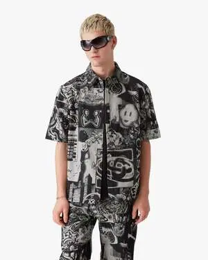 Casablanca Rave Collage Short Sleeve Denim Shirt - Multicolor