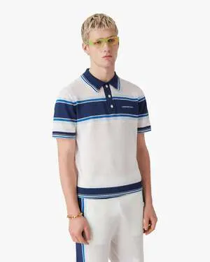 Casablanca White & Striped Mesh Short Sleeve Polo Shirt - Blue