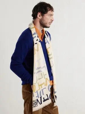 Loewe Fringed Logo-print Wool, Silk And Cashmere-blend Scarf