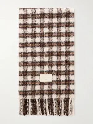 Acne Studios Fringed Logo-appliquéd Leather-trimmed Knitted Scarf - Brown