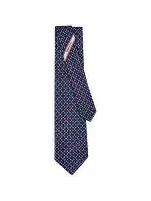 FERRAGAMO Gancini Flower Print Silk Neck Tie - Blue