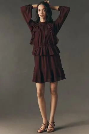 Endless Rose Long-sleeve Ruffle Chiffon Mini Dress - Dark Red