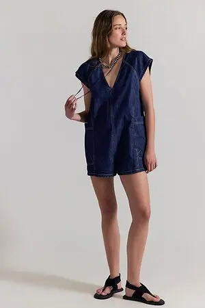 Free People Free Fall Denim Romper - Deep Blue