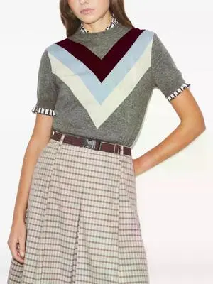 Tory Burch Chevron Wool-cashmere Blend Short Sleeve Top