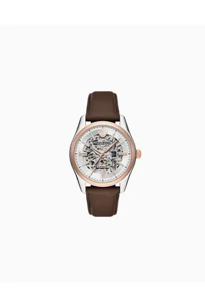 Emporio Armani Automatic Open Skeleton Leather Strap Watch - Red