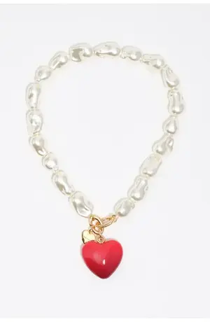 Bimba Y Lola Irregular Pearl Heart Necklace - Red