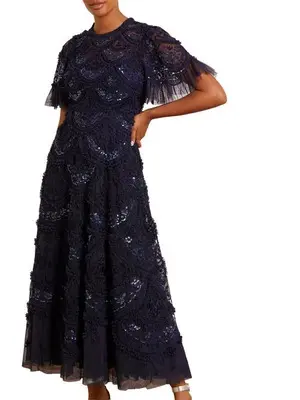 NEEDLE & THREAD Carmen Ruffle Maxi Gown - Navy