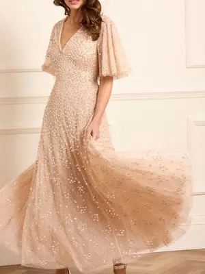 NEEDLE & THREAD Leila Dot V-neck Cape Ankle Gown - Parchment