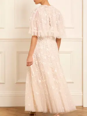 NEEDLE & THREAD Dahlia Ditsy Short Cape Ankle Gown - Cream