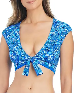 Bleu Rod Beattie Tie Front Cap Sleeve Swim Top - Bleu Depth