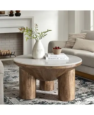MODWAY Ellison 33" Round Wood Coffee Table With Marble Top