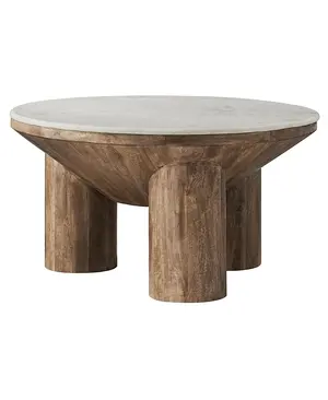 MODWAY Ellison 33" Round Wood Coffee Table With Marble Top - Walnut