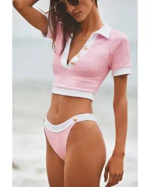 L'Agence Anastasia Colorblocked Polo Rash Guard - Blush