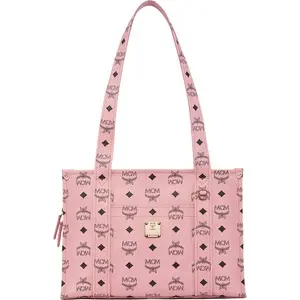 Mcm Visetos Monogram Canvas Tote Bag With Nappa Leather Trim