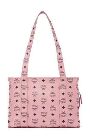 Mcm Visetos Monogram Canvas Tote Bag With Nappa Leather Trim