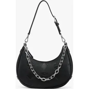 Mcm Aren Crescent Hobo Bag In Maxi Monogram Leather - Black