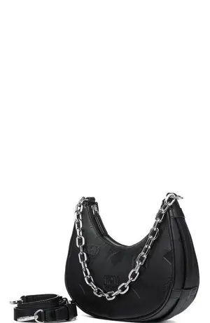 Mcm Aren Crescent Hobo Bag In Maxi Monogram Leather - Black
