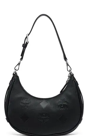 Mcm Aren Crescent Hobo Bag In Maxi Monogram Leather - Black