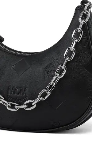 Mcm Aren Crescent Hobo Bag In Maxi Monogram Leather - Black